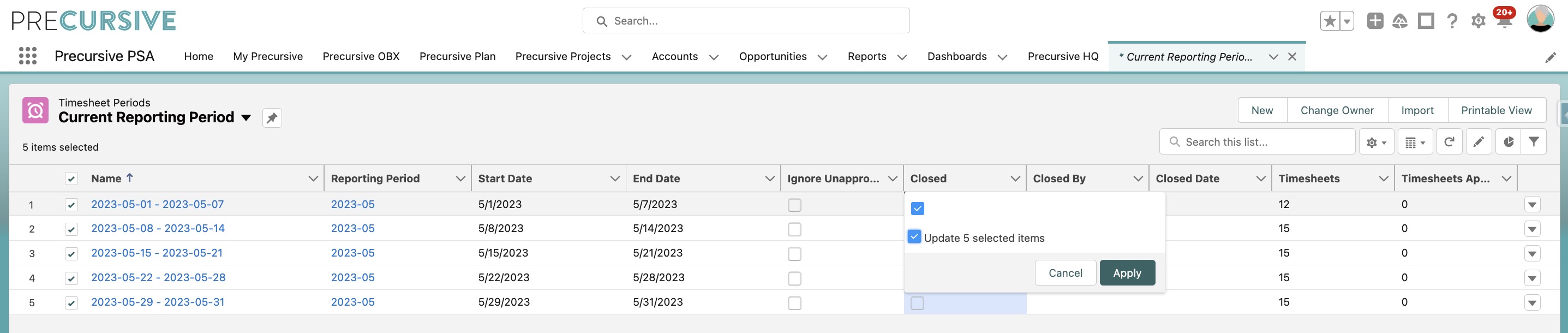 How to Close Timesheet Periods — Knowledge Base — Precursive